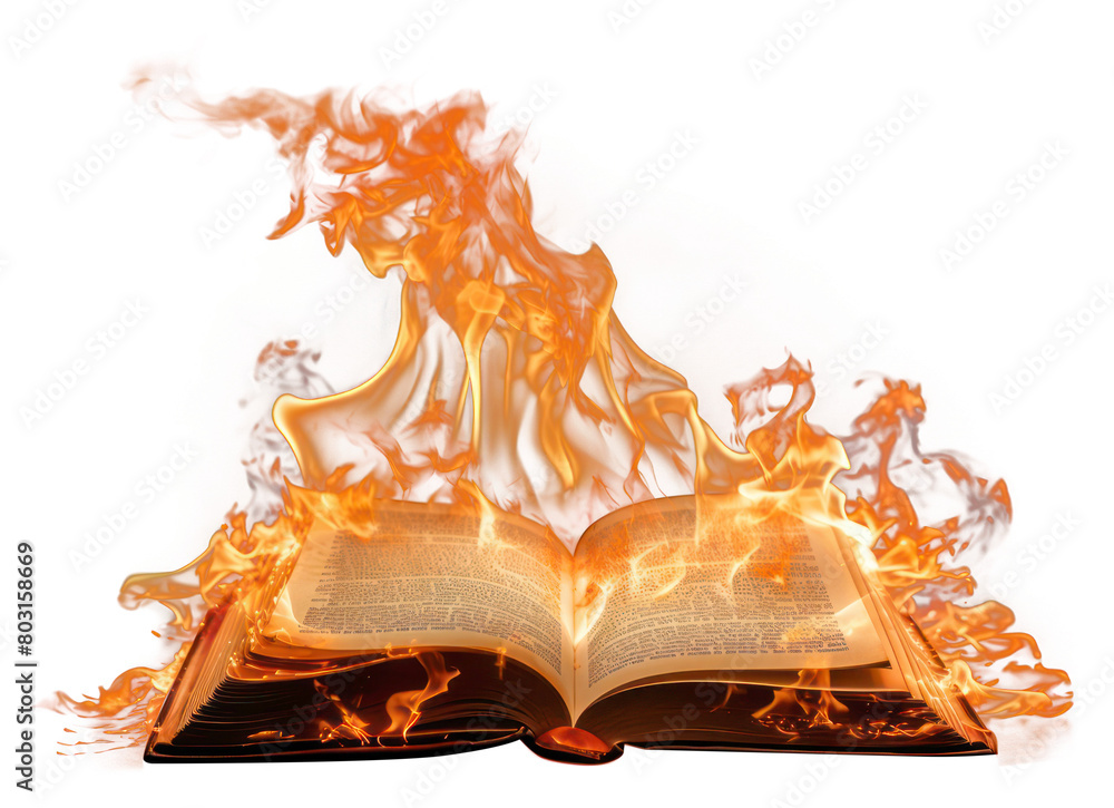 PNG Open old book on fire flame realistic, isolated on black background ...