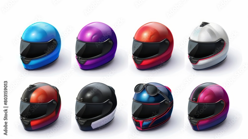 Illustrations of 3D retro color motorcycle helmets with visors and ...