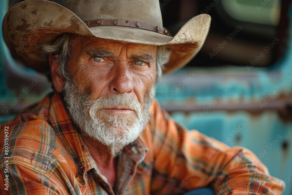 An elderly man embodying the rugged cowboy spirit, pictured with a ...