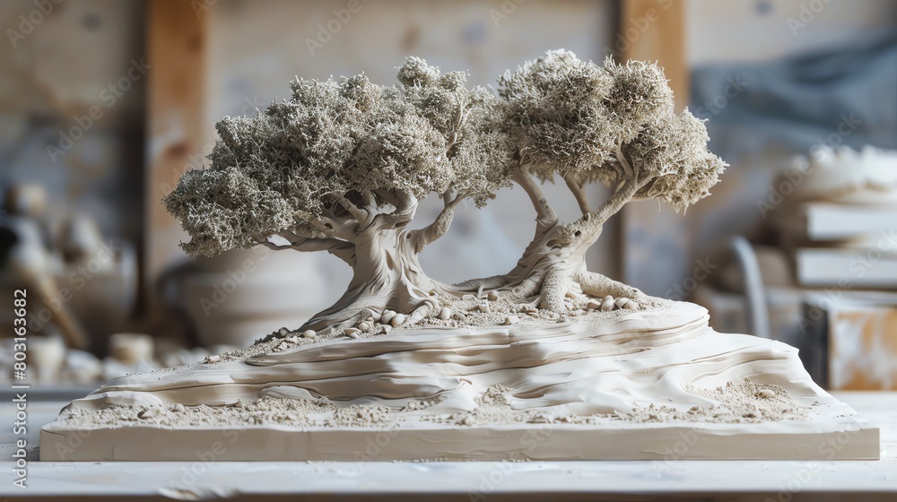 Craft a clay sculpture inspired by the aerial view of an olive grove ...