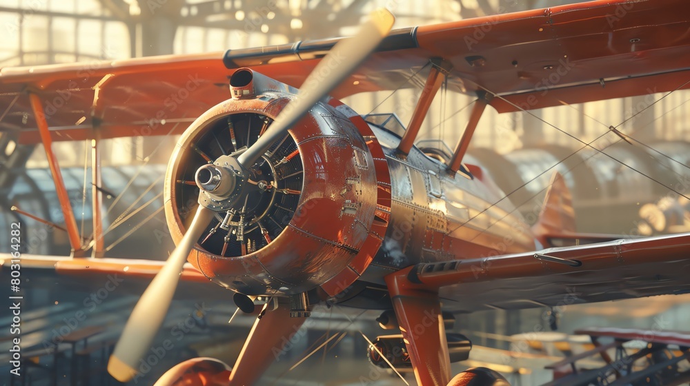 Craft a mesmerizing digital rendering of a classic biplane, showcasing ...