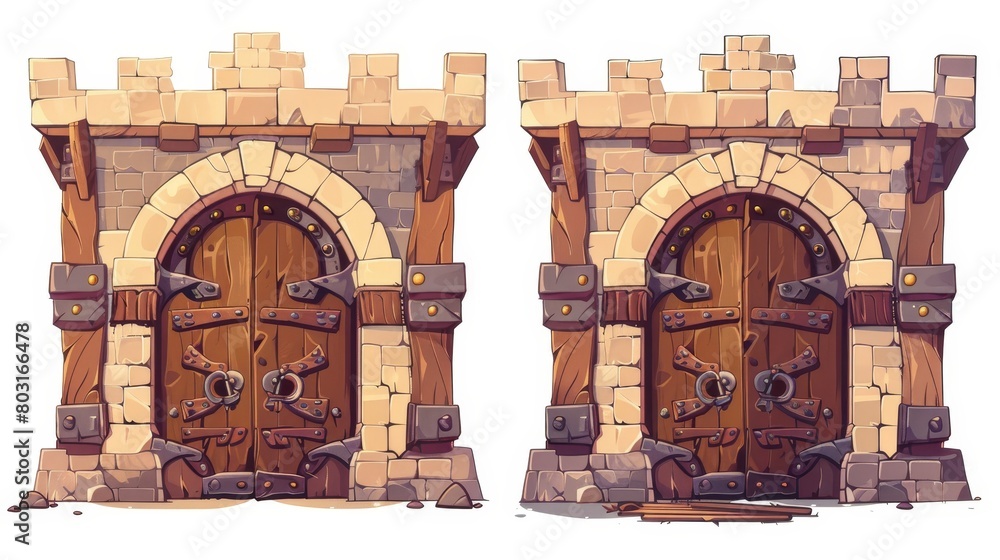 Old castle gates with stone brick arches and iron portcullises with old ...