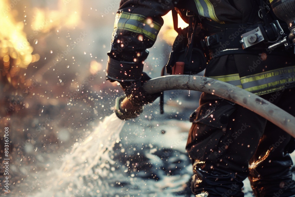 A detailed capture of a firefighter extinguishing a fierce fire using a ...