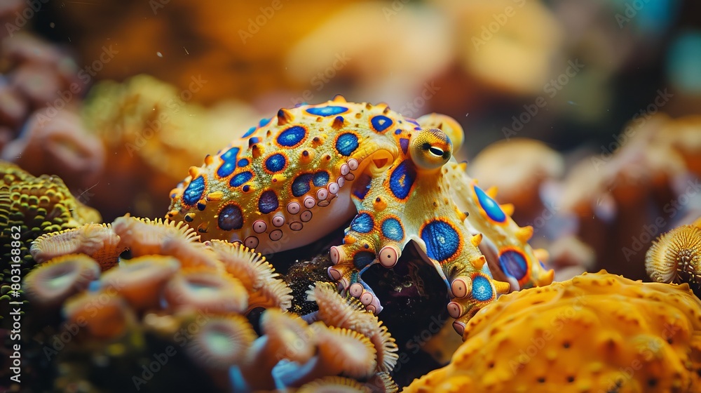 Blue-Ringed Octopus on Coral Reef Stock Illustration | Adobe Stock