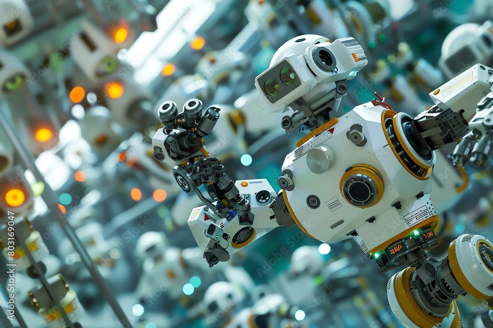 Capture the intricate details of smart factory robots from a dramatic ...