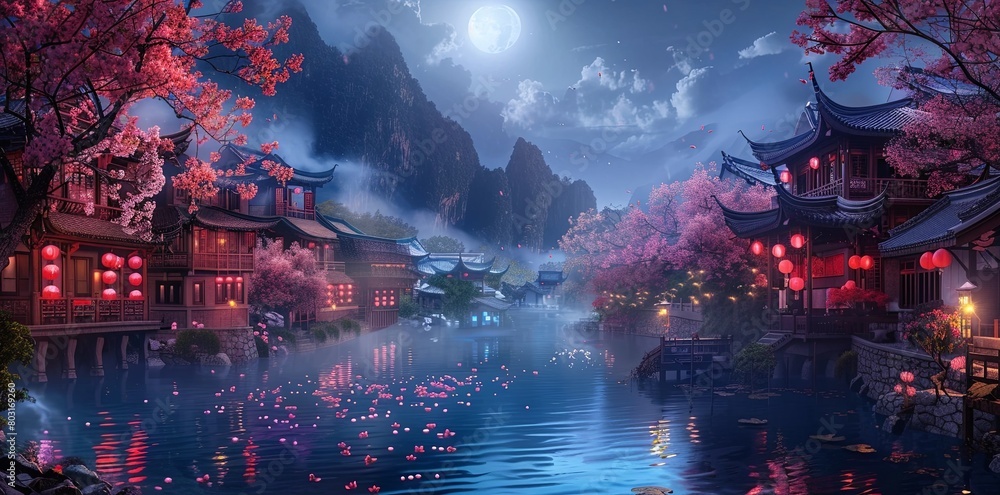 Chinese style ancient architecture, moonlit night sky, red and purple ...