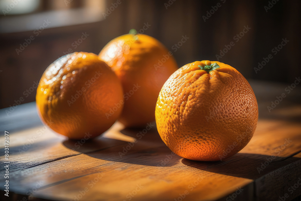 Realistic orange sits on a rustic wood table with diffused sunlight ...