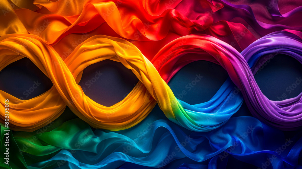 Double sign of an endless rainbow on multi colored fabric background ...