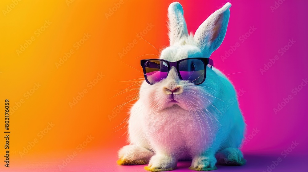 Cool white rabbit in sunglasses on vibrant background. Abstract summer ...