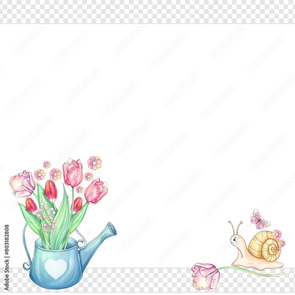 Watercolor spring template. Hand draw garden border with rake. Farming ...