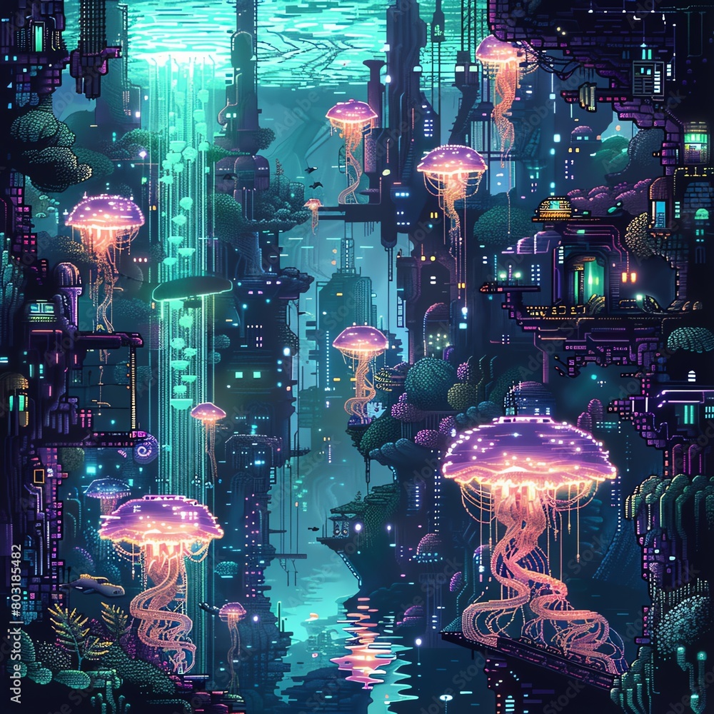 Imagine a top-down perspective of an ethereal underwater city, where ...