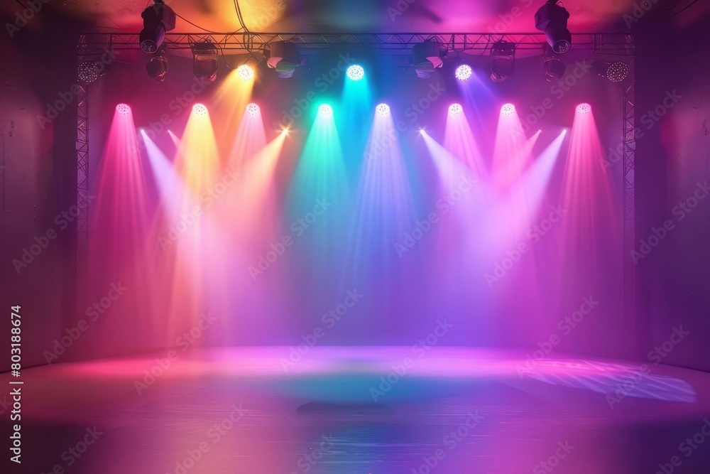 colorful stage lighting setup with spotlights and flashing lights ...