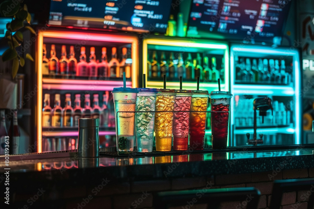 Glowing neon menu board displaying various drink options. Stock Photo ...
