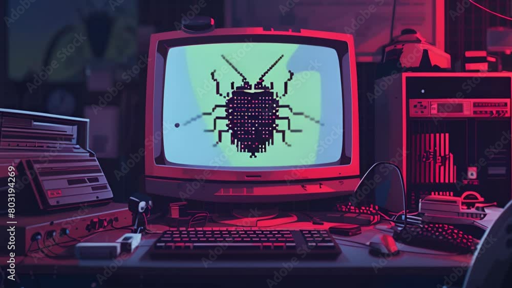 A computer monitor displays a bug on the screen. The image has a dark ...