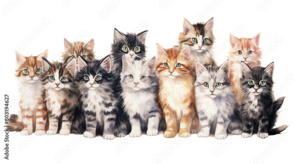 A group of kittens of different breeds and colors sitting in a row in ...