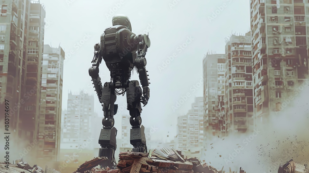 Render a humanoid robot in a post-apocalyptic cityscape, towering over ...