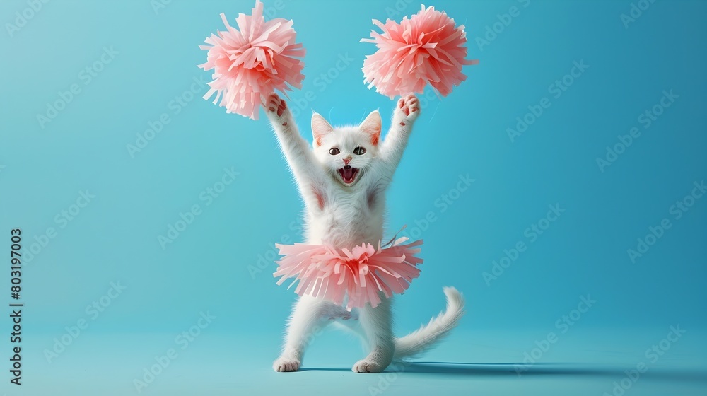 Surreal White Cat Cheerleader Cheering on Vivid Blue Background Stock ...