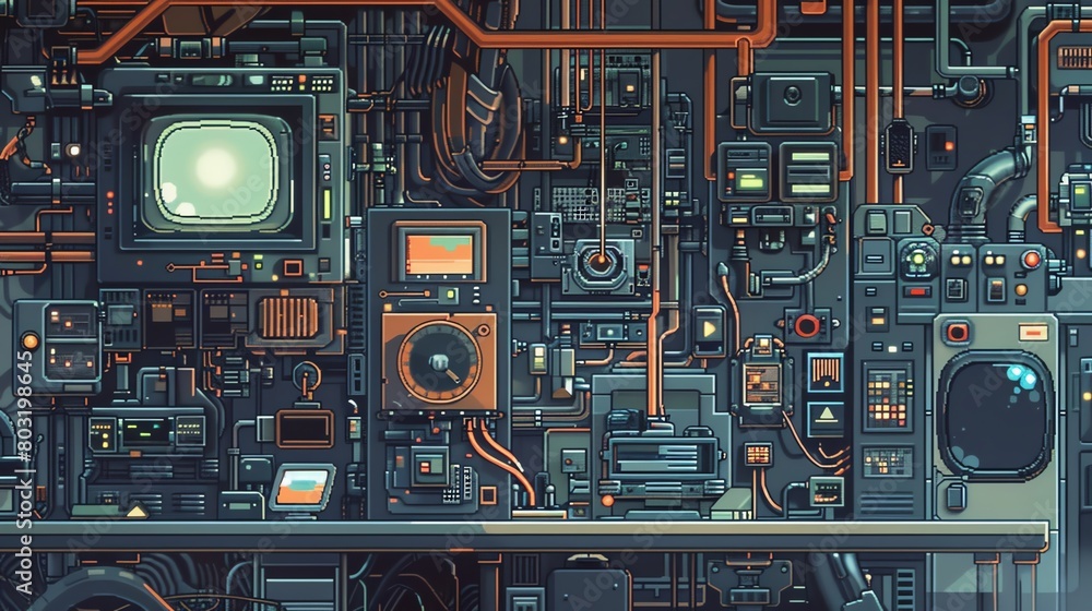 Capture the essence of robot mechanics through a pixel art style ...