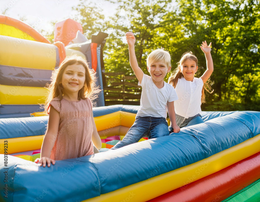 children happy group of kids playing inflatable bounce house on sunny ...
