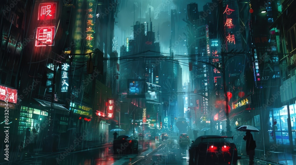 Cyberpunk streets illustration, futuristic city, dystoptic artwork at night, 4k wallpaper. Rain ...