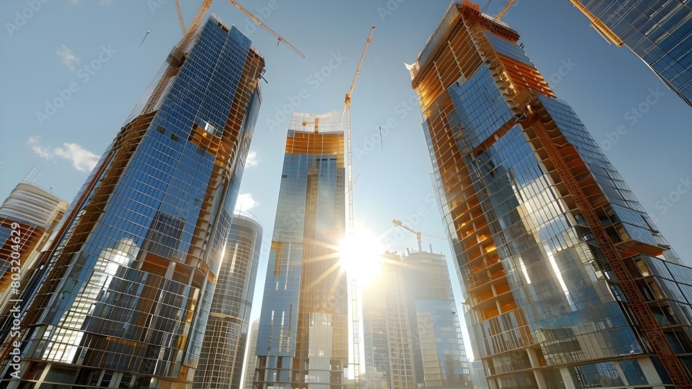 Group of skyscrapers under construction reflecting sunlight with glass ...