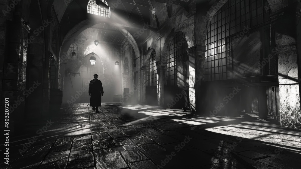 Gothic Art of a dark, brooding barracks scene, utilizing shadow play ...