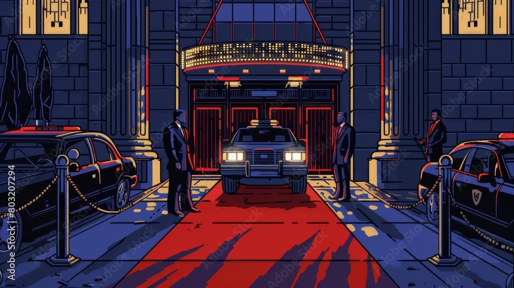 Pixel Art of a red carpet event with a security detail, rendered in a ...