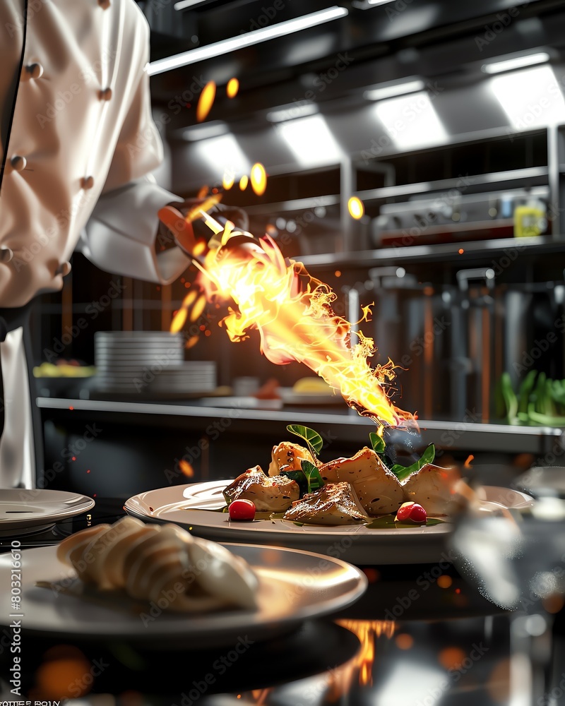 Professional chef using a flamethrower to finish a culinary dish in a ...
