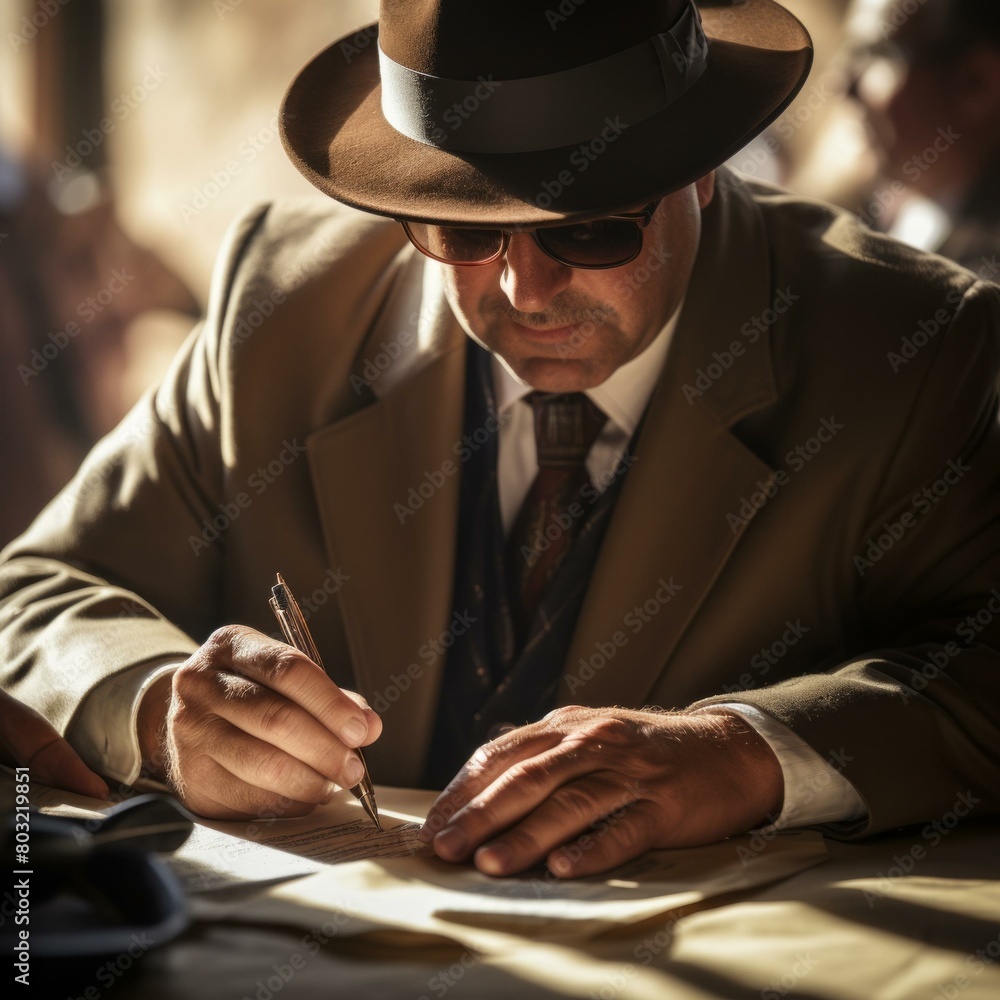 Vintage sepia toned photo of a man in a hat and sunglasses signing a ...