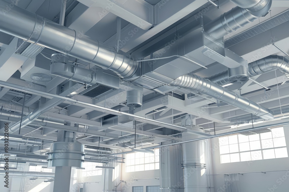 intricate network of industrial ventilation ducts pipes and hvac units ...