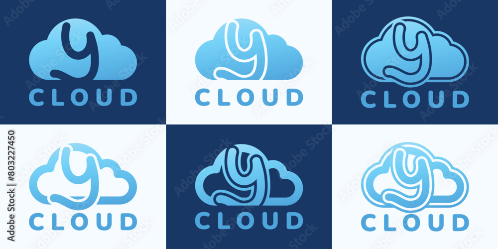 Set of letter Y blue cloud logo. This logo combines letters and cloud ...