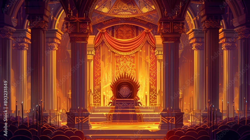 Majestic throne room in a fantastical palace illuminated by golden ...