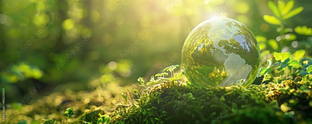 Green planet earth on moss in sunlight with a green forest background ...