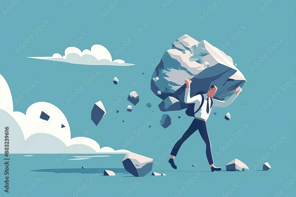 overworked businessman carrying heavy stone boulder on back struggling ...