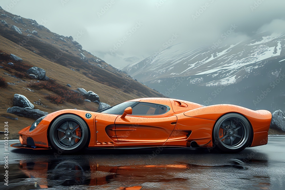 Foto de The side view of a racing sports car as it leans into a curve ...