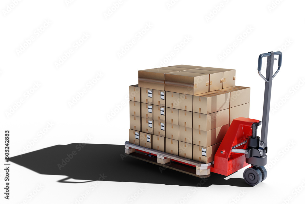 A red pallet jack loaded with cardboard boxes and secured wooden crates ...