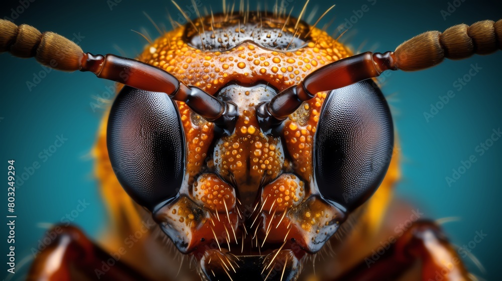 An extreme close up of a wasp's face, showing the compound eyes ...