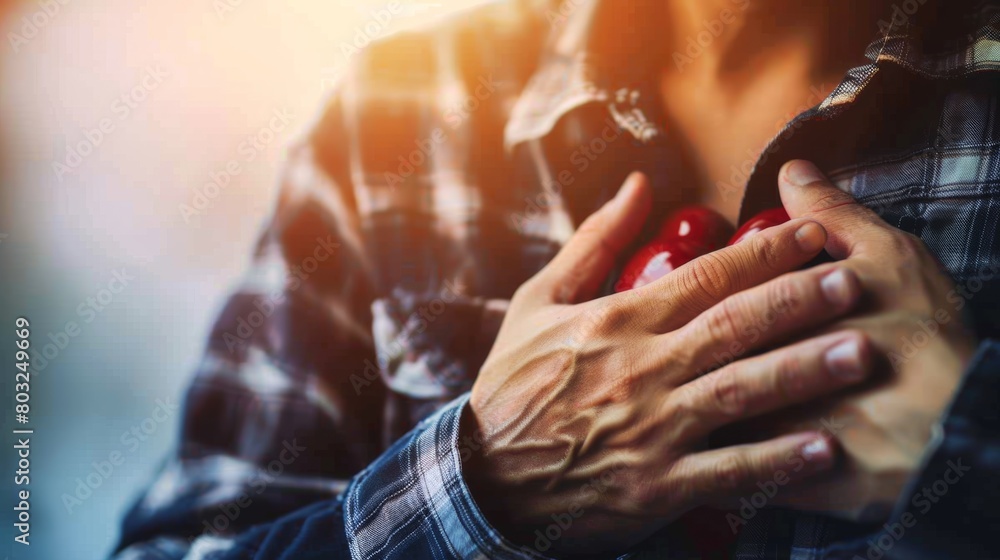 hand hold chest with heart attack symptoms, man working hard have chest ...