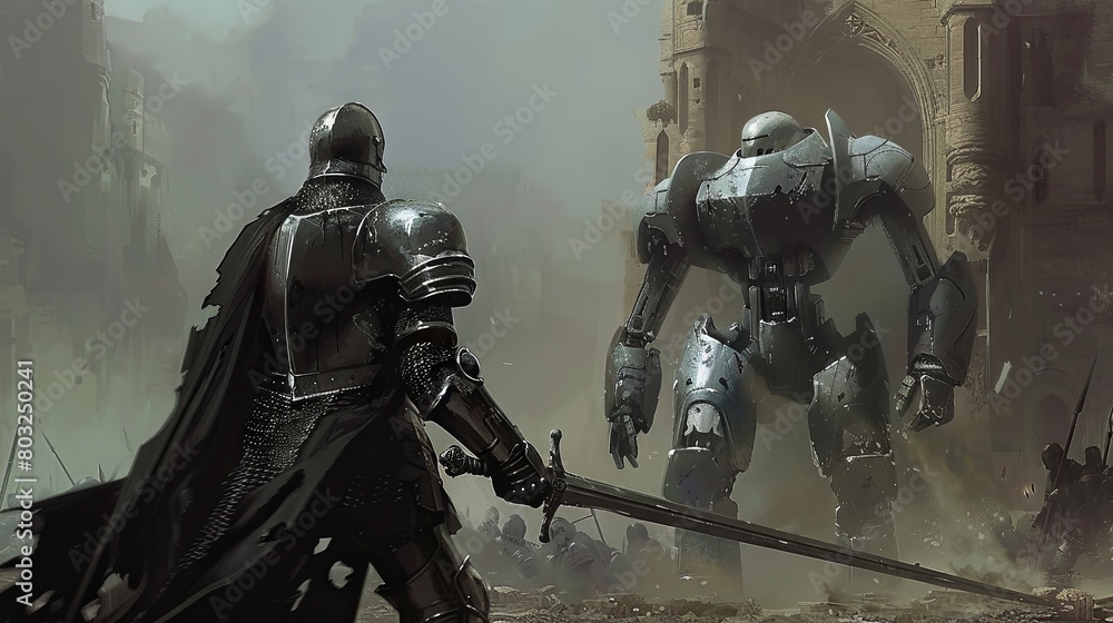 Epic confrontation between a medieval knight and a futuristic robot in ...