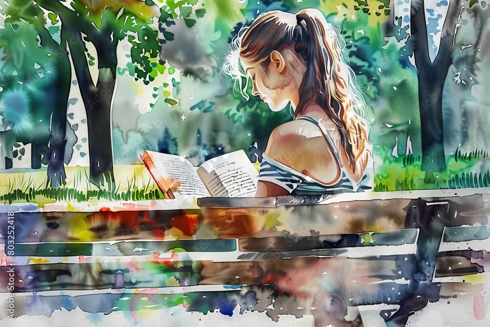 teenage girl reading book on park bench enjoying summer weather and ...