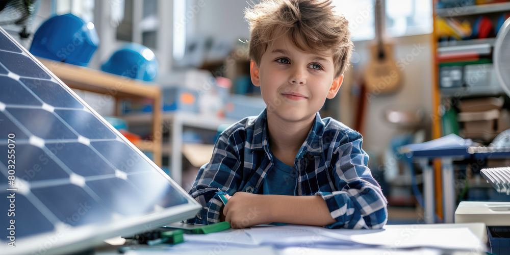 Kid at school learning about renewable energy. Teaching children the ...