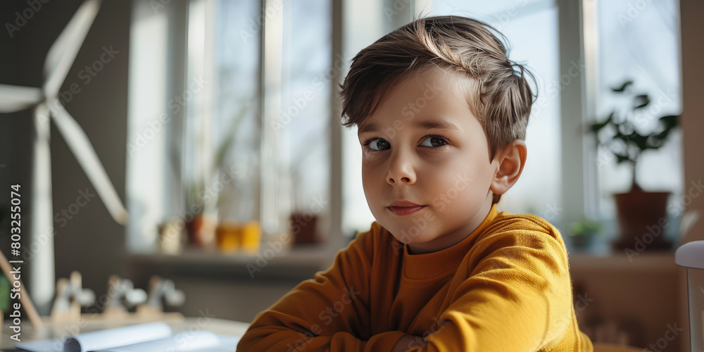Kid at school learning about renewable energy. Teaching children the ...