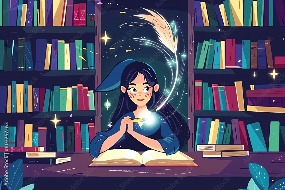 young girl student practicing magic spells in wizard school library ...