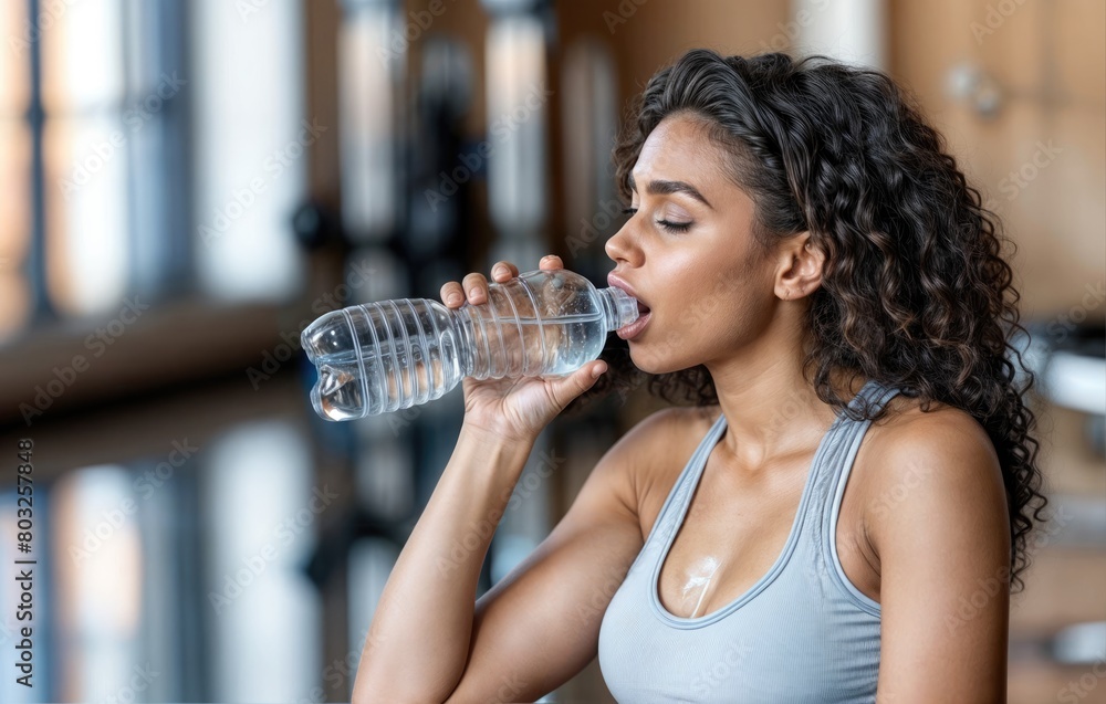 Fitness Hydration: Woman Drinking Water in the Gym During Workout ...
