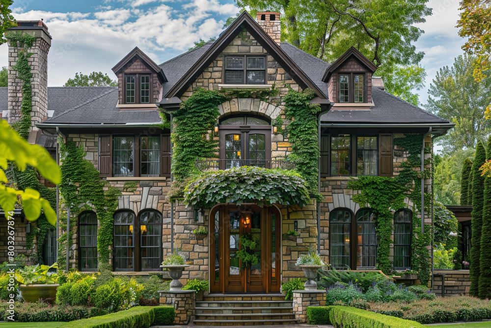 Full front view of a classic house in rich espresso, with a stone ...