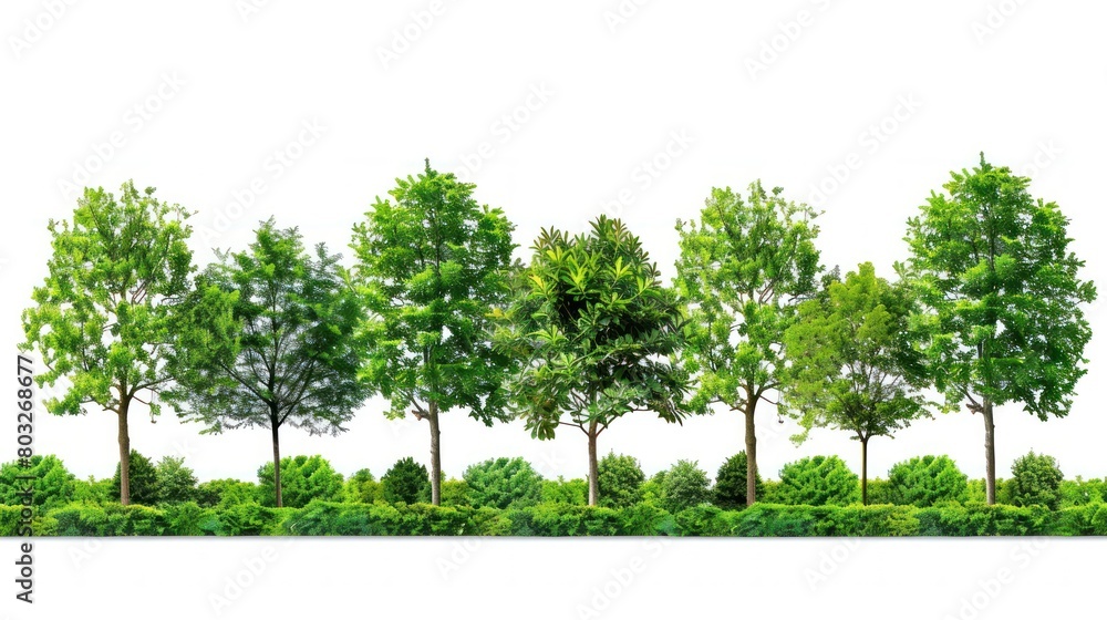 Cutout tree line. Row of green trees and shrubs in summer isolated on ...