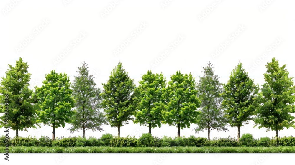 Cutout tree line. Row of green trees and shrubs in summer isolated on ...