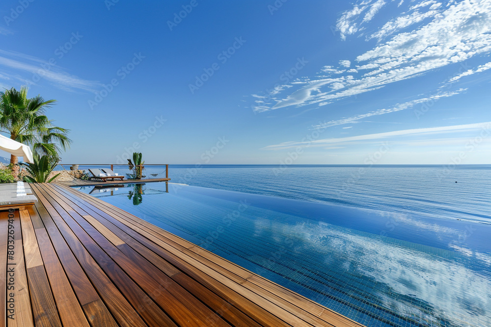 High-end beach villa with an expansive wooden deck and infinity pool ...