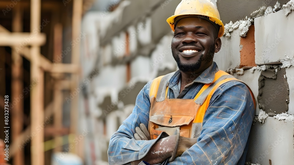 African American bricklayer in work attire smiling at construction site ...