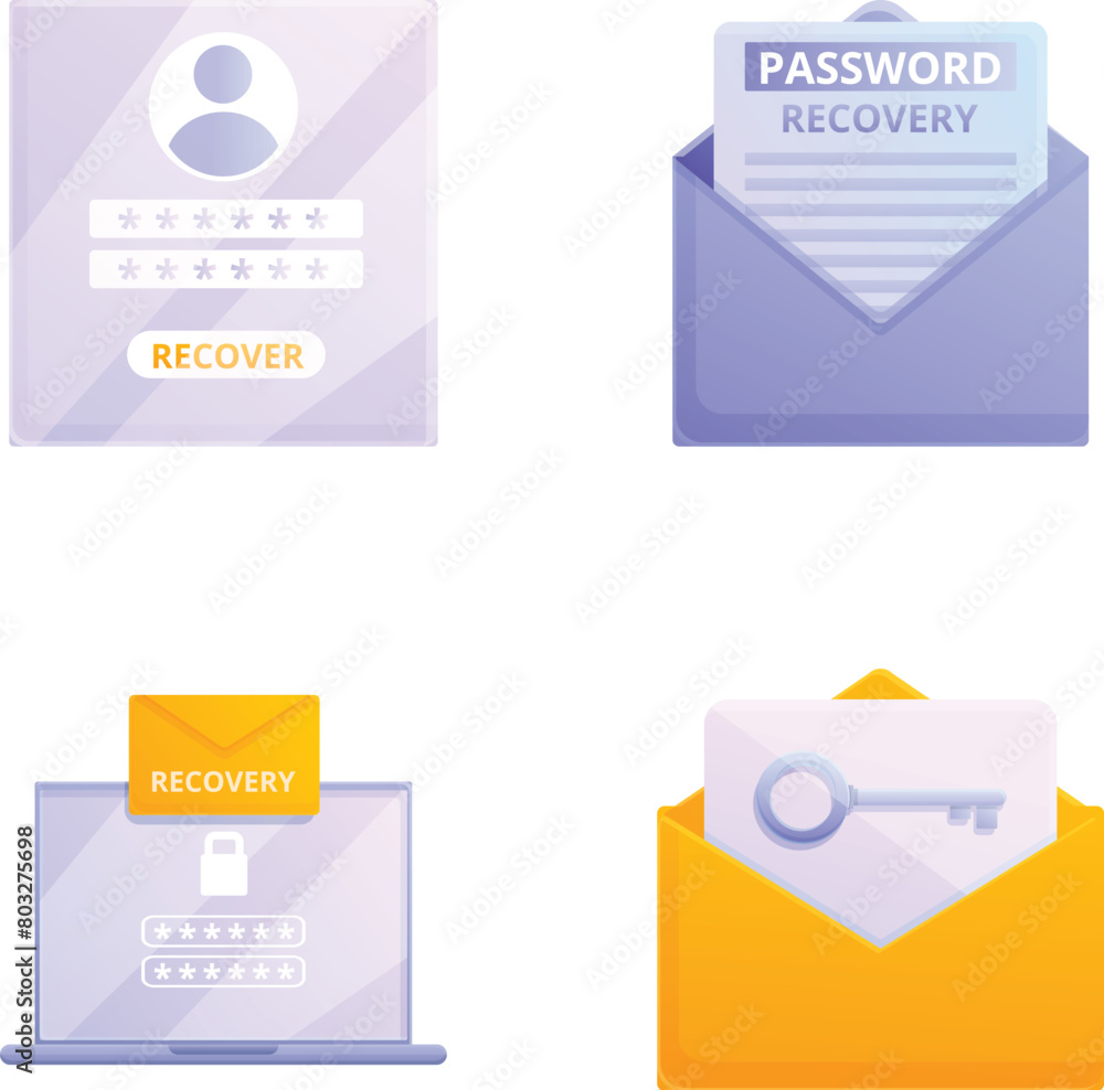 Restore password icons set cartoon vector. Recovery of password for ...